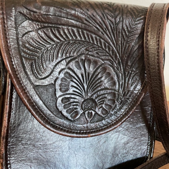 Bags | Brown Leather Tooled Design Dark Brown Cross Body Bag | Poshmark